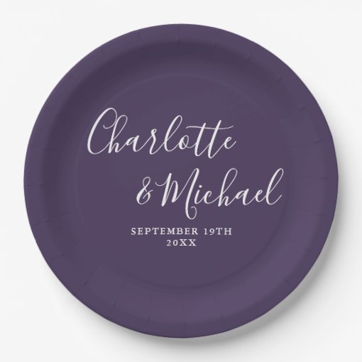 Elegant Signature Script Purple Wedding Paper Plates | Zazzle