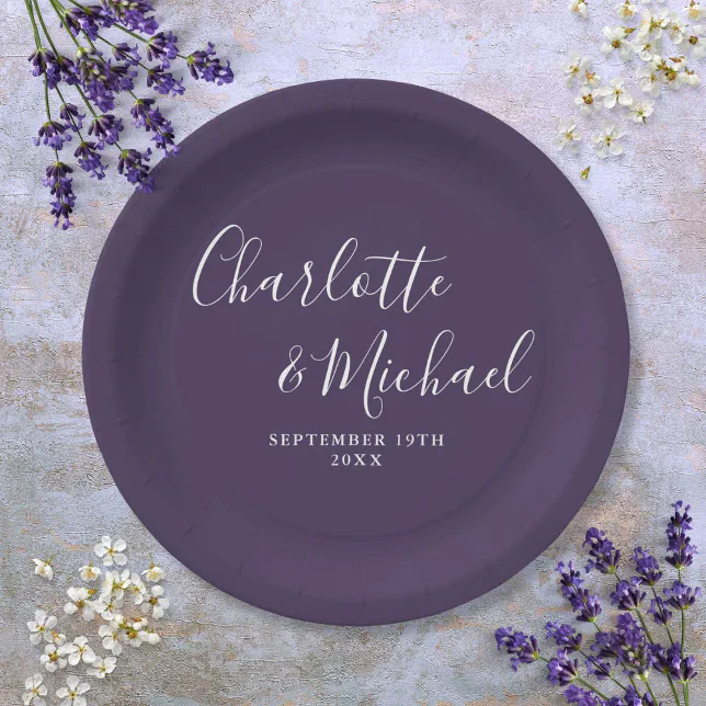 Elegant Signature Script Purple Wedding Paper Plates | Zazzle