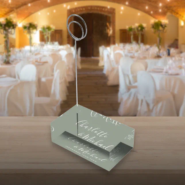 Elegant Signature Script Sage Green Wedding Place Card Holder | Zazzle