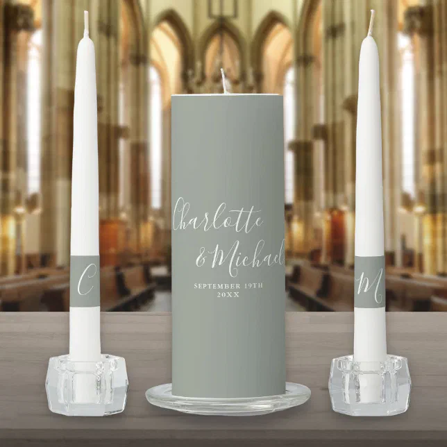 Elegant Signature Script Sage Green Wedding Unity Candle Set | Zazzle