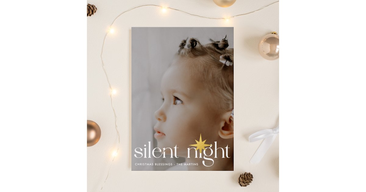 Elegant Silent Night Christmas Star Photo Foil Holiday Card | Zazzle
