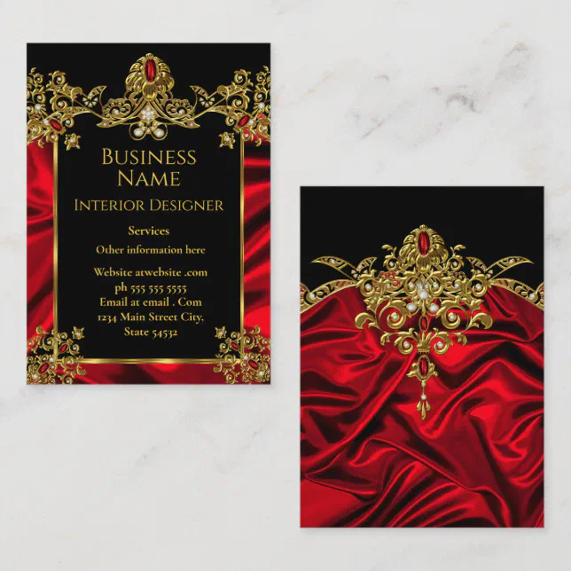 Elegant Silk Ruby Red gem Gold Black Business Card | Zazzle