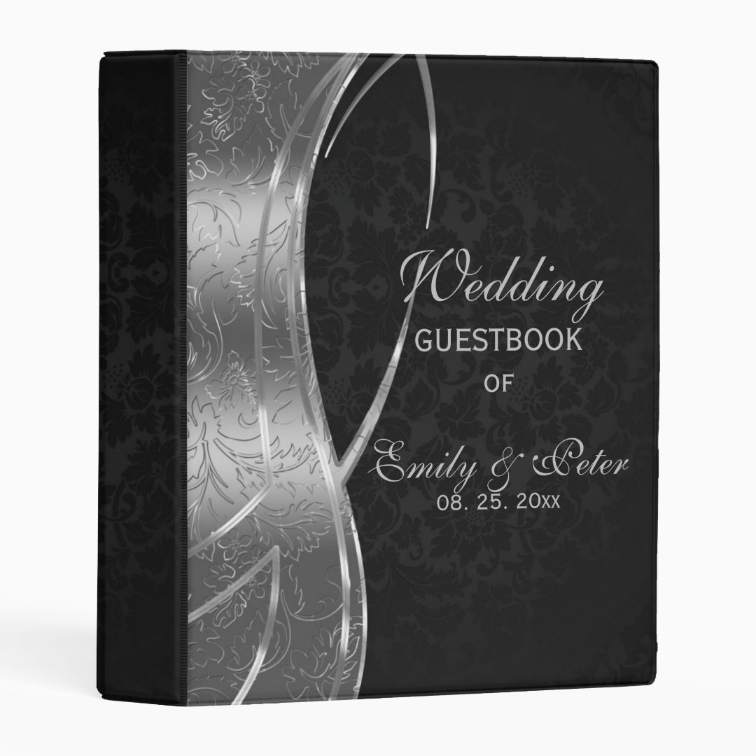 Elegant Silver And Black Damask Mini Binder | Zazzle