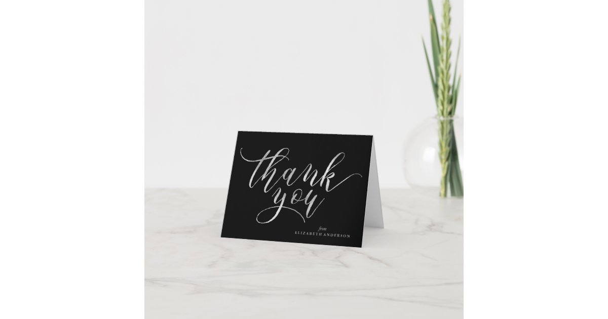 Elegant Silver and Black Script Thank You | Zazzle