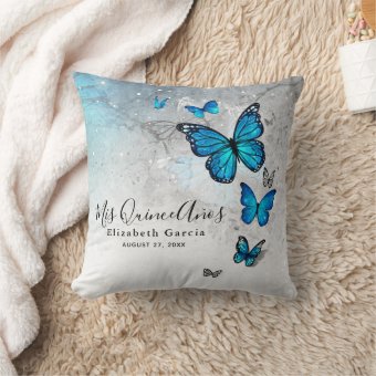 Elegant Silver and Blue Butterfly Mis Quince Anos Throw Pillow | Zazzle