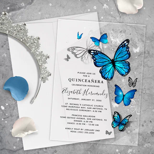 Elegant Silver and Blue Butterfly Quinceanera Acrylic Invitations | Zazzle