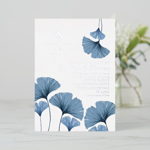 Elegant Silver and Blue Leaf Wedding Invitation Foil Invitation | Zazzle