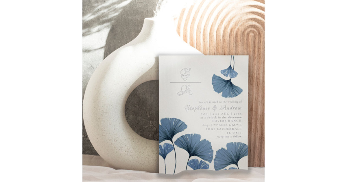 Elegant Silver and Blue Leaf Wedding Invitation Foil Invitation | Zazzle