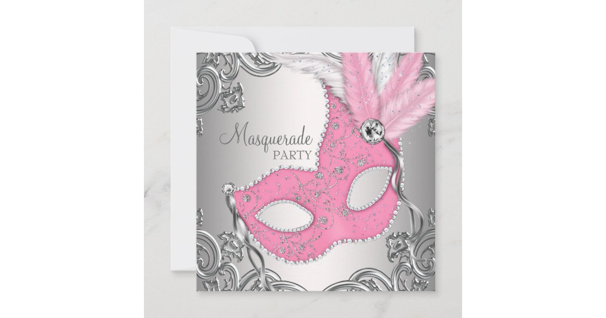 Elegant Silver and Pink Masquerade Party Invitation | Zazzle