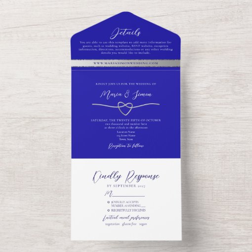 Elegant Silver and Royal Blue Wedding All In One Invitation | Zazzle