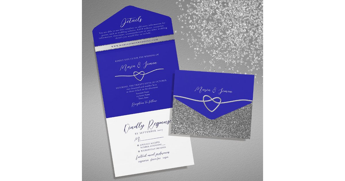 Elegant Silver and Royal Blue Wedding All In One Invitation | Zazzle