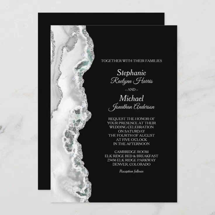 Elegant Silver Aqua Agate Border Wedding Invitation | Zazzle
