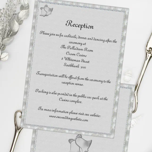 Elegant Silver Bells Wedding Reception Details Invitation | Zazzle