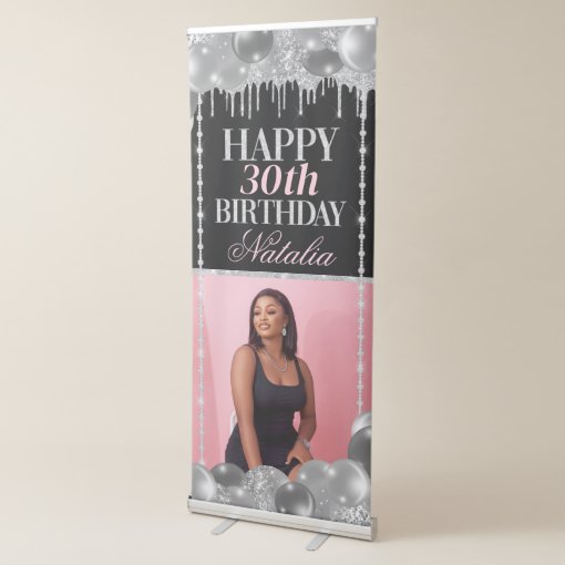Elegant Silver Birthday Retractable Banner | Zazzle