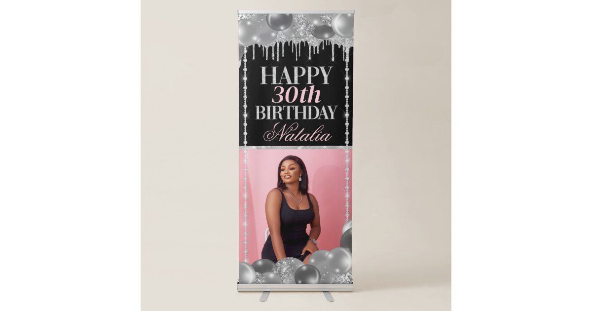 Elegant Silver Birthday Retractable Banner | Zazzle