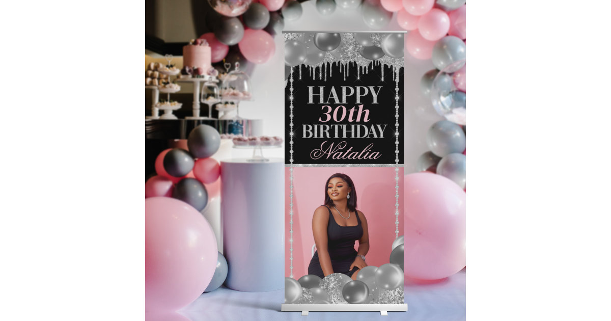 Elegant Silver Birthday Retractable Banner | Zazzle