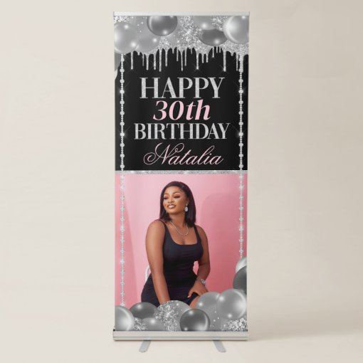 Elegant Silver Birthday Retractable Banner | Zazzle