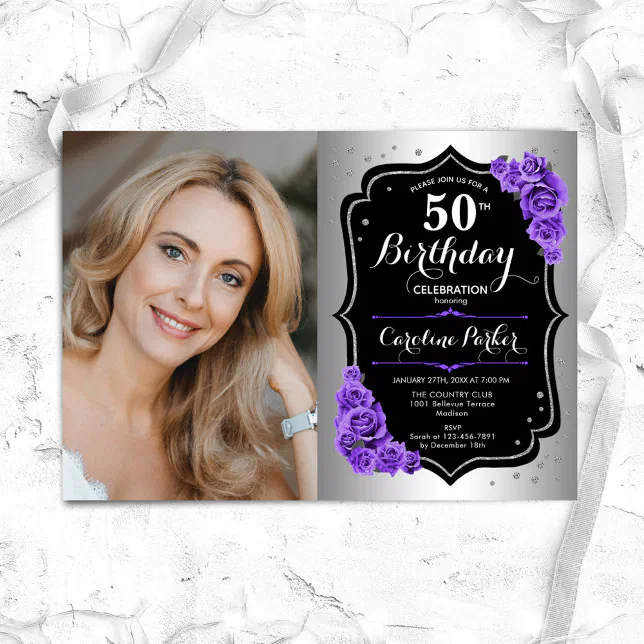 Elegant Silver Black Purple Photo 50th Birthday Invitation | Zazzle