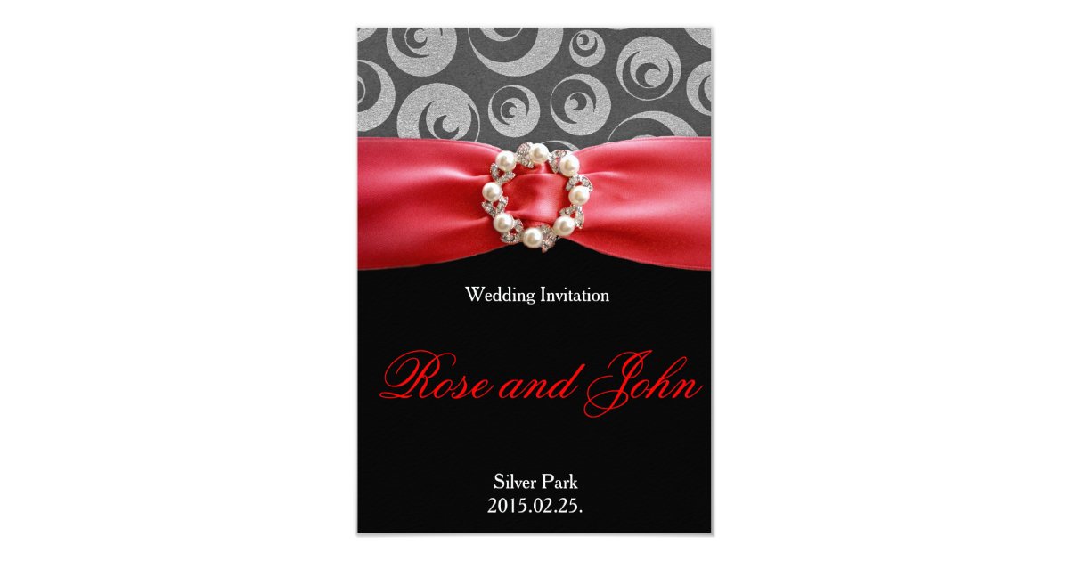 Elegant Silver Black Red Satin Ribbon Wedding Card | Zazzle.com