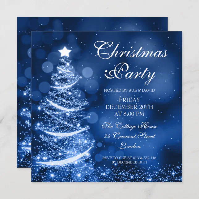 Elegant Silver & Blue Christmas Party Sparkle Invitation | Zazzle
