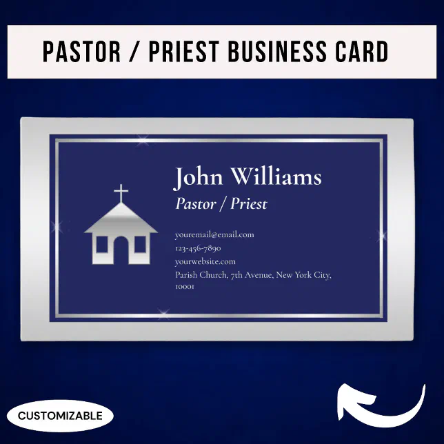 Elegant Silver Blue Church Pastor Priest Business Card | Zazzle