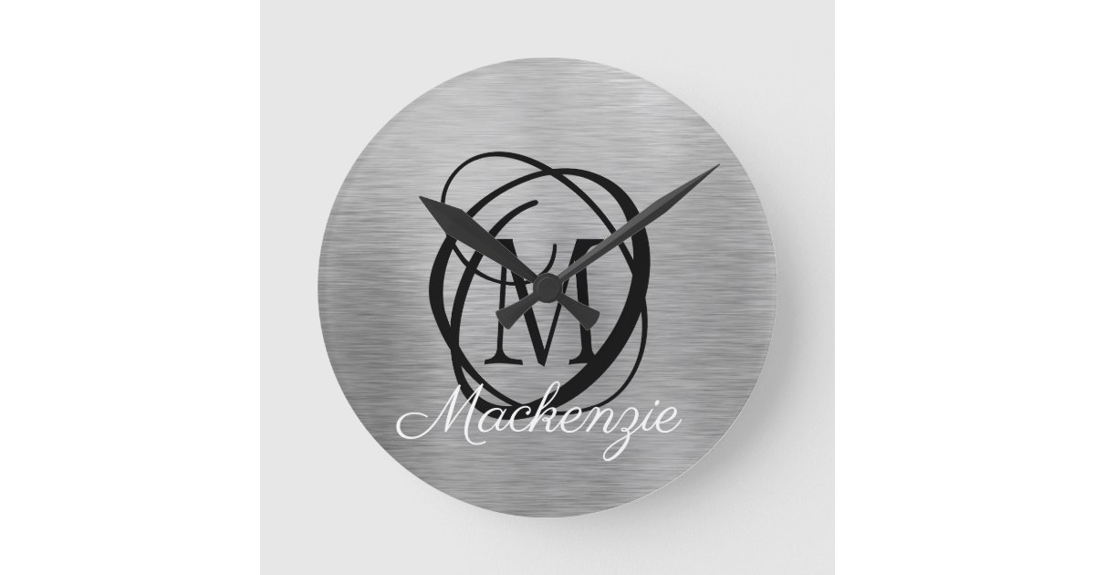 Elegant Silver Brushed Metal Monogram Name Stylish Round Clock | Zazzle
