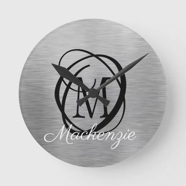Elegant Silver Brushed Metal Monogram Name Stylish Round Clock | Zazzle