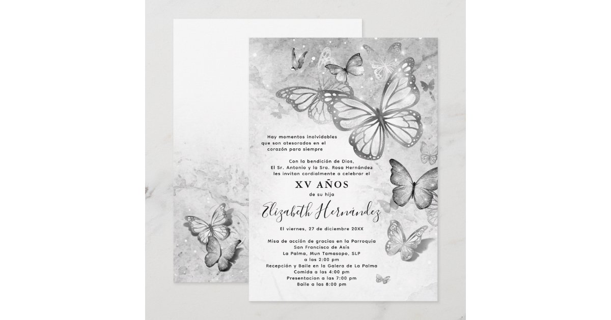 Elegant Silver Butterfly Spanish Quinceanera Invitation | Zazzle