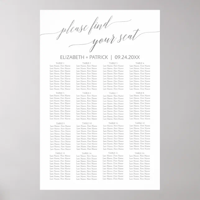 Elegant Silver Calligraphy Seating Chart | Zazzle