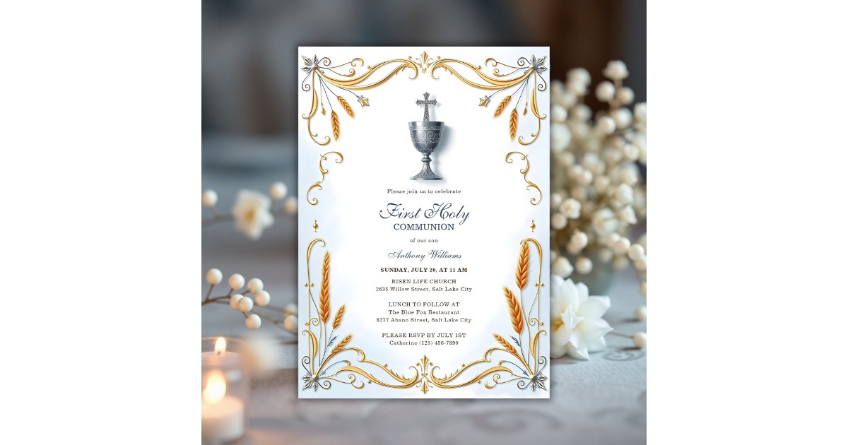 Elegant Silver Chalice Boy First Holy Communion Invitation | Zazzle