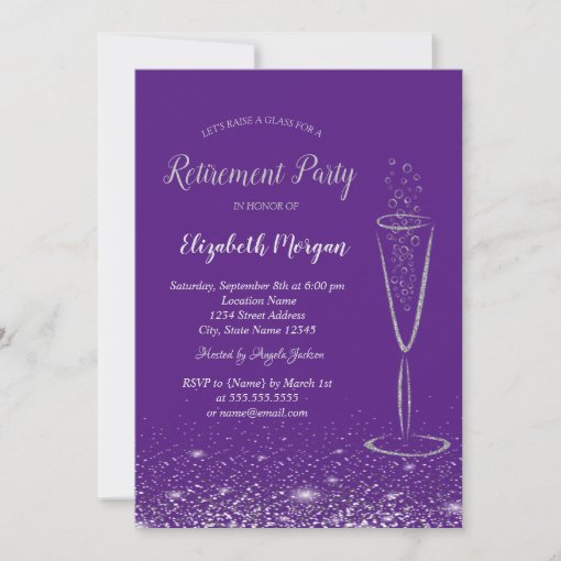 Elegant Silver Confetti Glass Purple Retirement Invitation | Zazzle