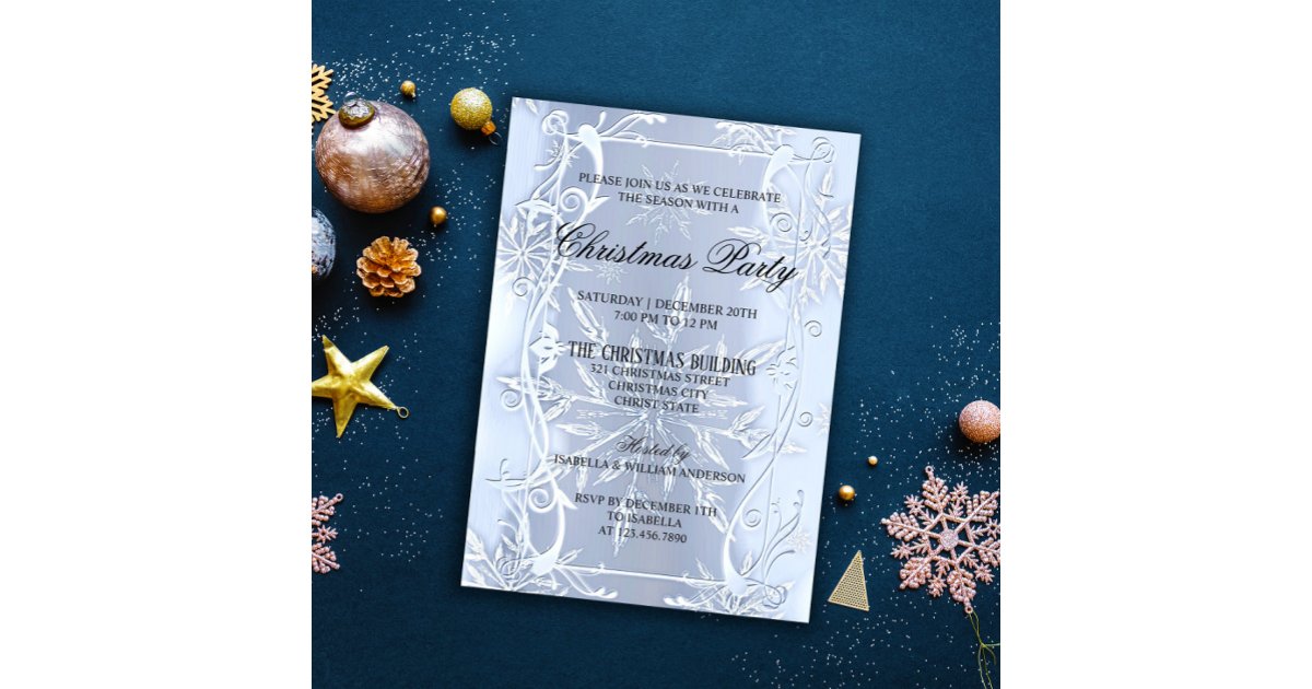 Elegant Silver Crystal Snowflake Christmas Party Invitation | Zazzle