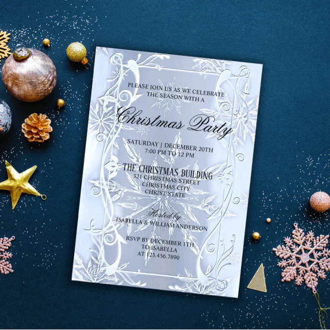 Elegant Silver Crystal Snowflake Christmas Party Invitation | Zazzle