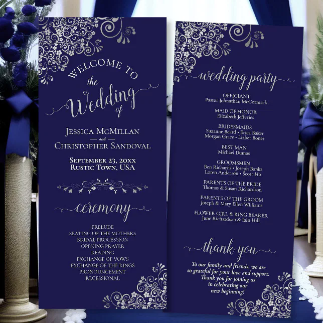 Elegant Silver Curls on Navy Blue Simple Wedding Program | Zazzle