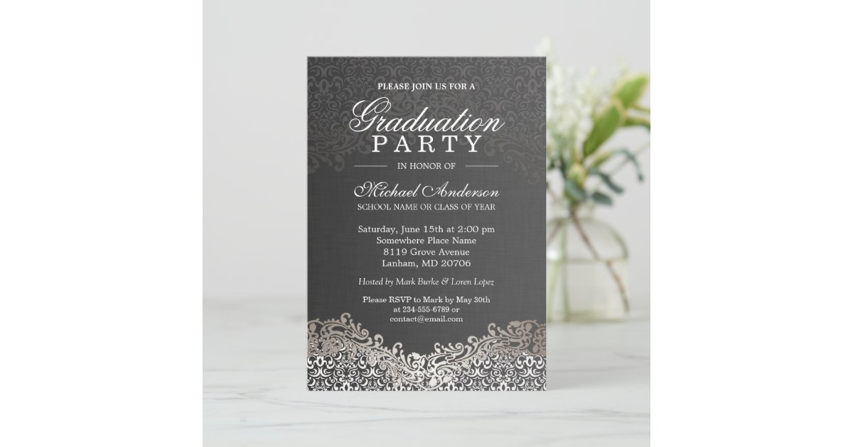 Elegant Silver Damask Grad Graduation Party Invitation | Zazzle