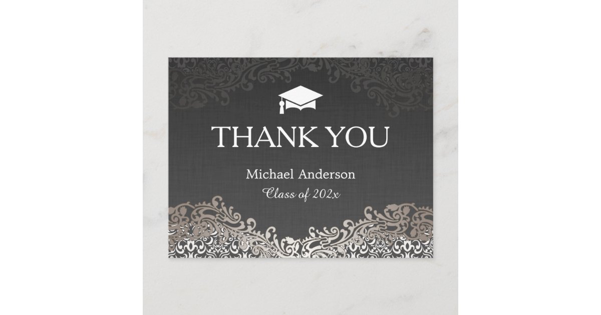 Elegant Silver Damask Graduation Thank You Postcard | Zazzle