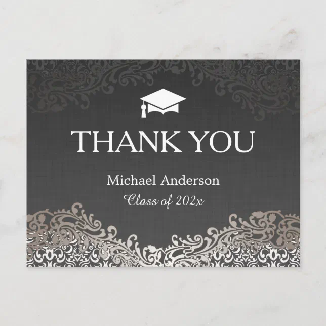 Elegant Silver Damask Graduation Thank You Postcard | Zazzle