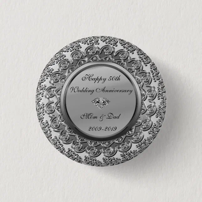 Elegant Silver Diamond 50th Wedding Anniversary Button | Zazzle