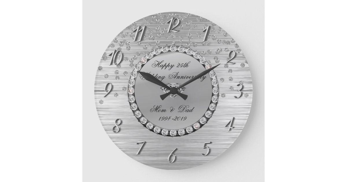 Elegant Silver Diamonds 25th Wedding Anniversary Large Clock | Zazzle