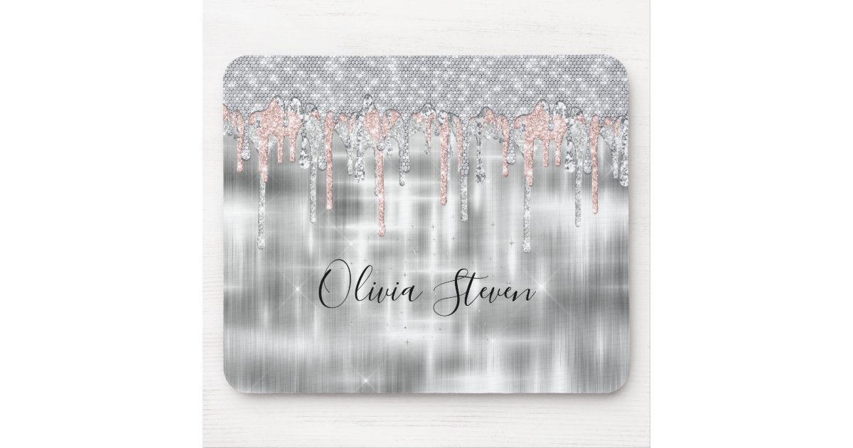 Elegant silver dripping glitter monogram mouse pad | Zazzle