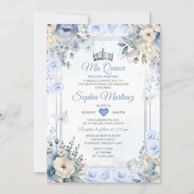Elegant Silver & Dusty Blue Roses MIS QUINCE Invitation | Zazzle
