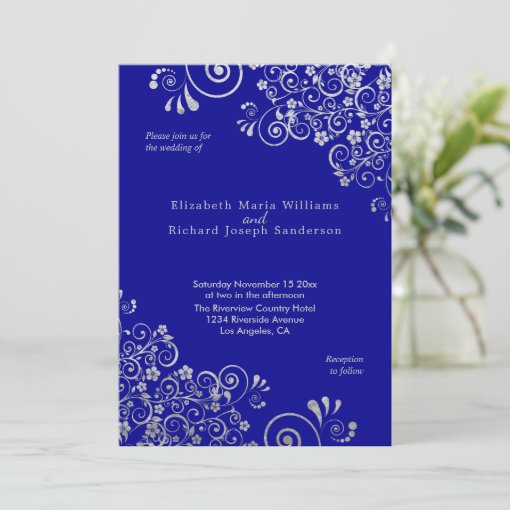 Elegant Silver Flower Swirls Navy Blue Wedding Invitation | Zazzle