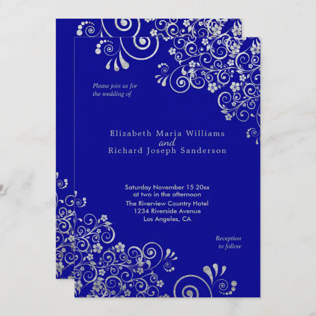 Elegant Silver Flower Swirls Navy Blue Wedding Invitation | Zazzle