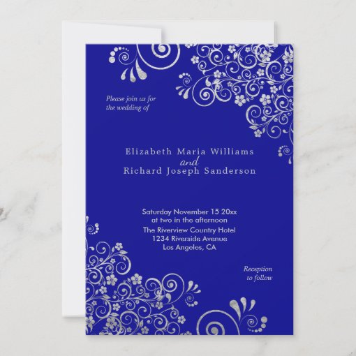 Elegant Silver Flower Swirls Navy Blue Wedding Invitation | Zazzle