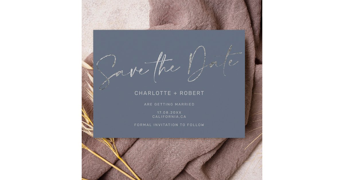 Elegant silver foil blue wedding save the date announcement postcard ...