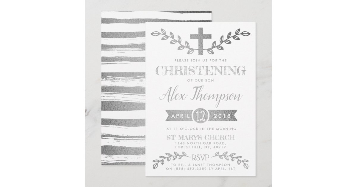 Elegant Silver Foil Cross & Foliage Christening Invitation | Zazzle