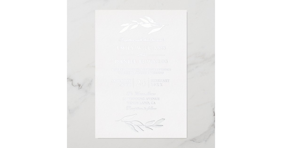 Elegant Silver Foil Leaf Modern Wedding Foil Invitation | Zazzle