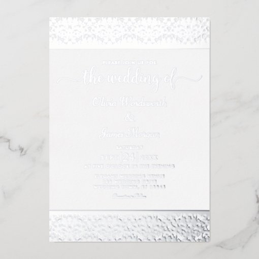 Elegant Silver Foil White Damask Wedding Foil Invitation | Zazzle