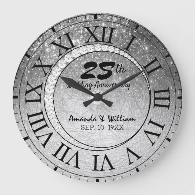Elegant Silver Glitter 25th Wedding Anniversary Large Clock | Zazzle