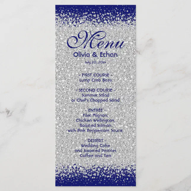 Elegant Silver Glitter and Royal Blue Menu | Zazzle